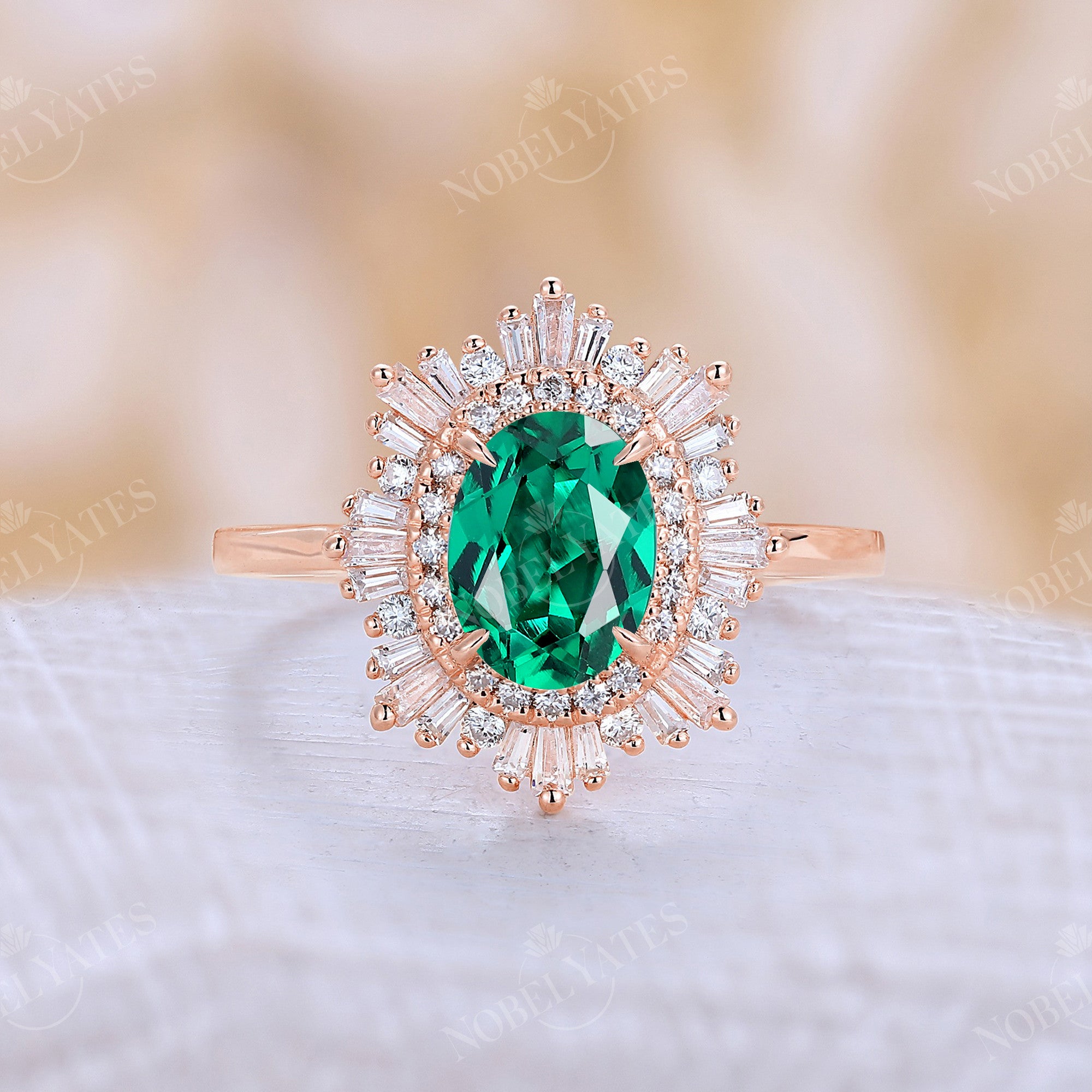 Emerald Engagement Ring Art Deco Oval Rose Gold Halo Nobel Yates