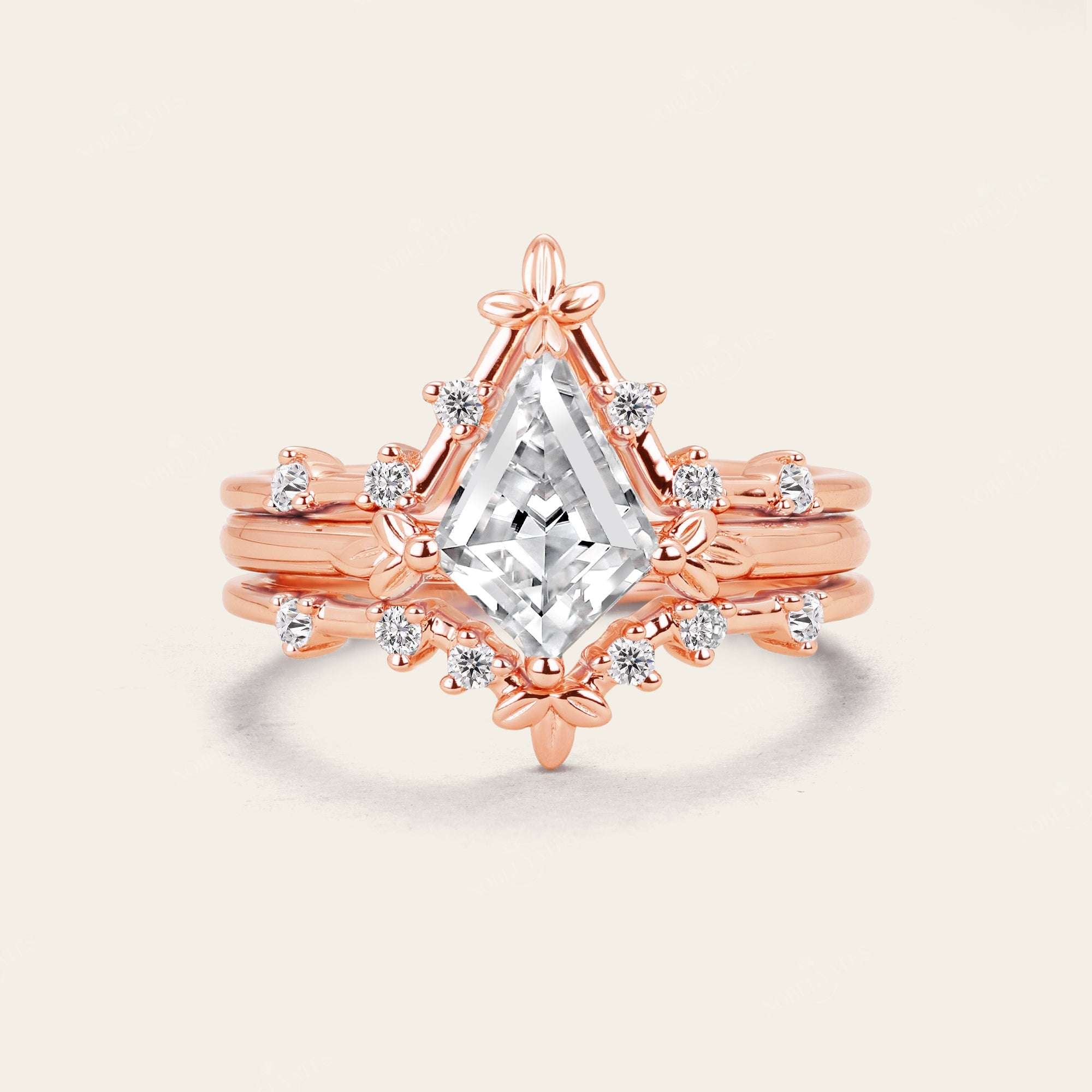 Half Rose Cut Kite Moissanite Art Deco Engagement Ring Sets 3pcs ...