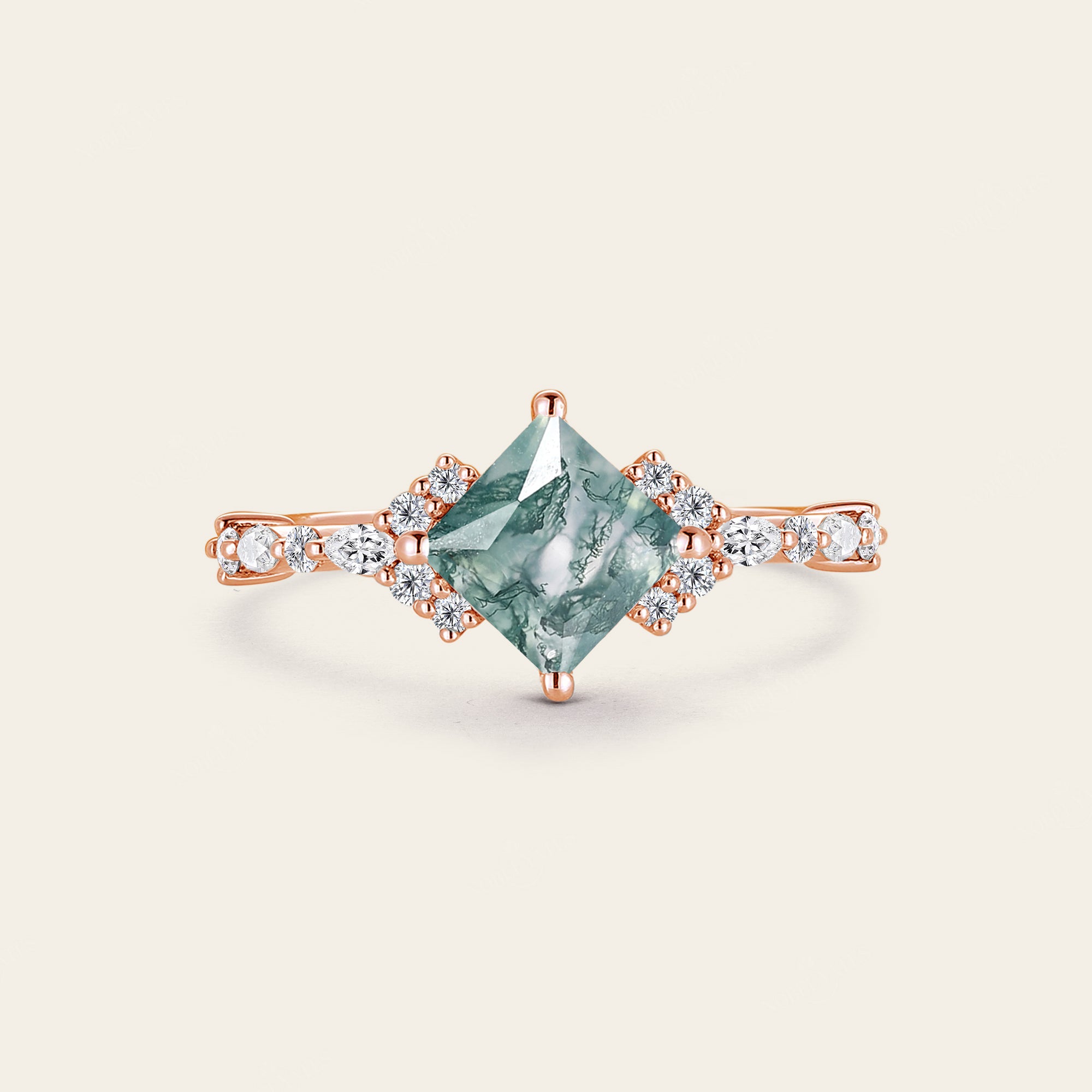 Princess Cut Moss Agate Rose Gold Engagement Ring Moissanite Side Ston ...